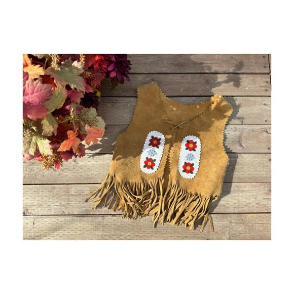Vintage | Jackets & Coats | Handmade Suede Leather Vest Floral Beadwork ...